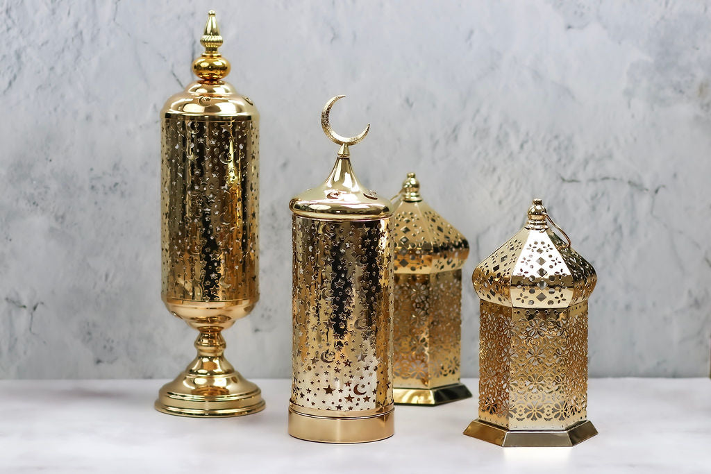 LARGE Gold Crescent Star Lantern Metal LED Light Stand (20613)