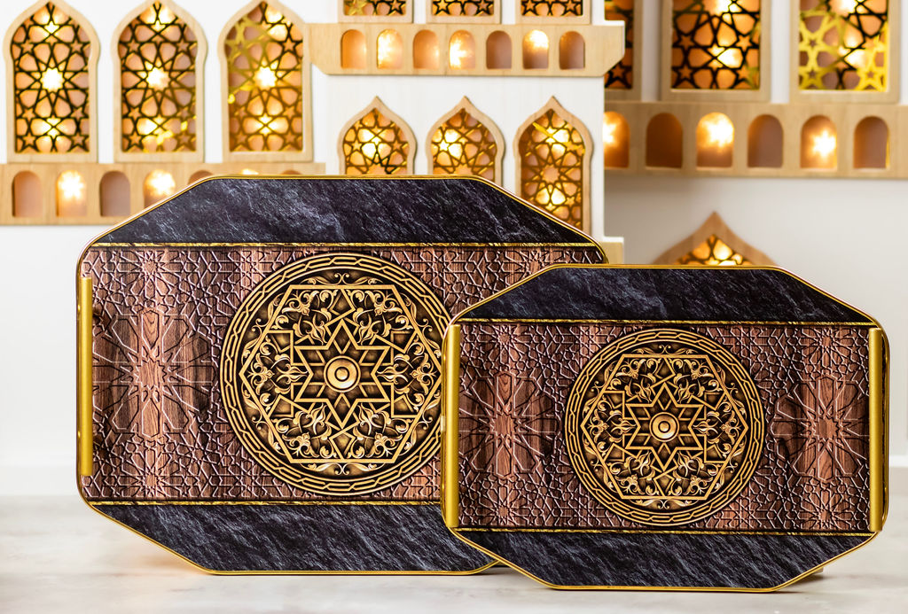 Octagonal Flat Trays with Gold Handles - 2pc Set (0613-2)