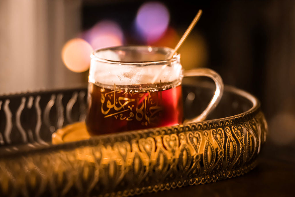 Glass Gold Arabic Calligraphy Mugs Plate-Spoon-Lid Options (BL)