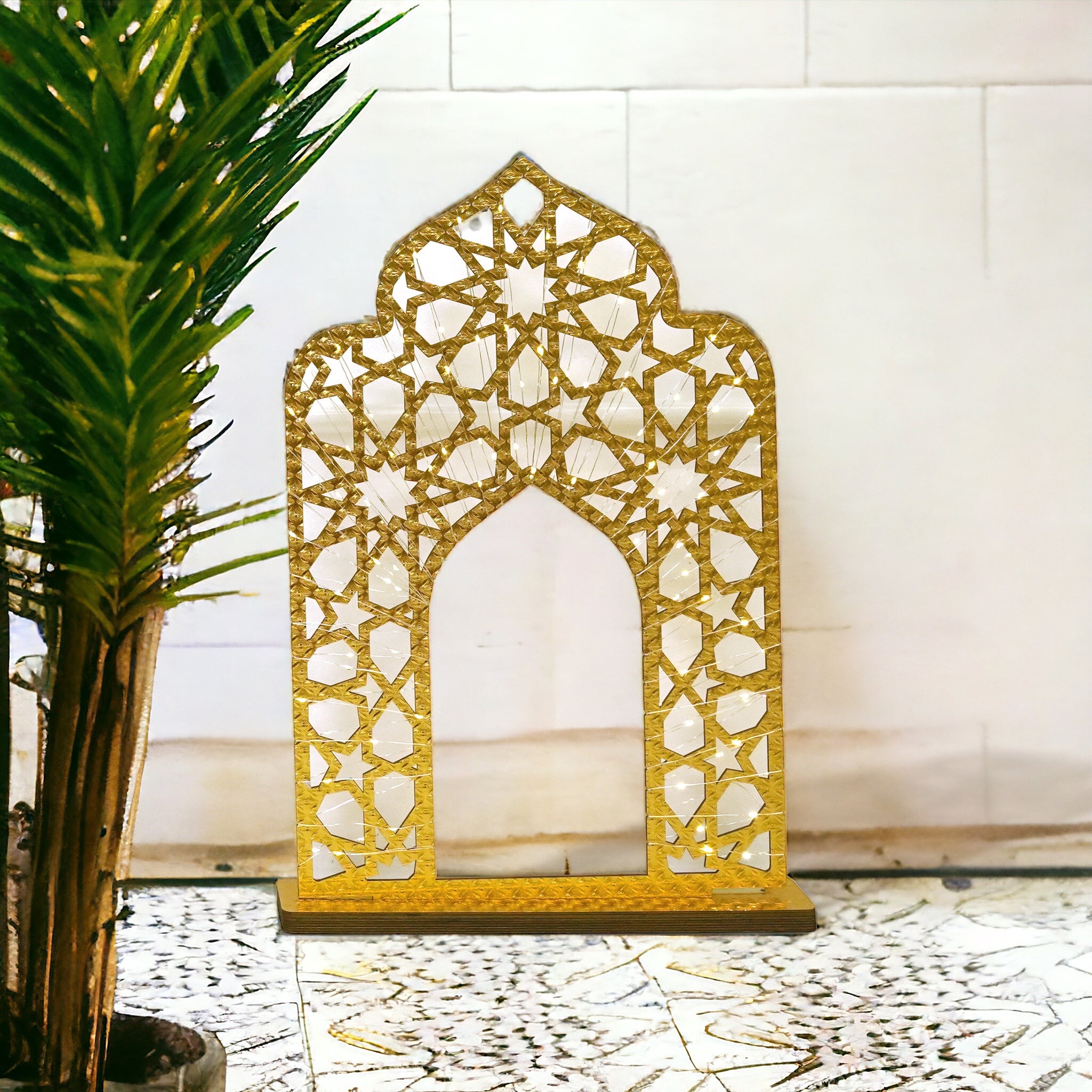 Giant Reflective Gold Masjid Arch Wooden Stand With Fairy Lights (757-